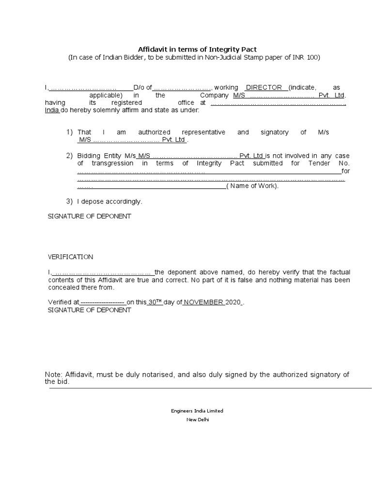 Affidavit in Terms of Integrity Pact | PDF