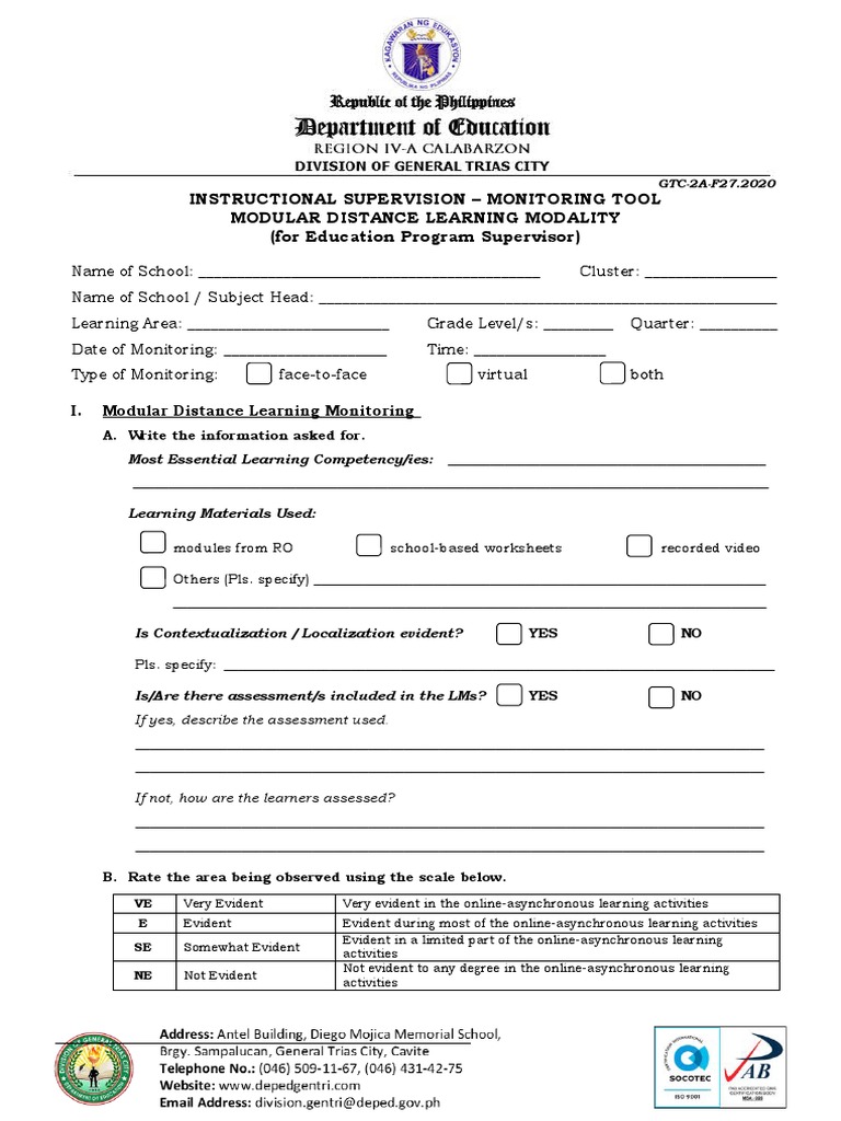Instructional Supervision - Monitoring Tool Modular Distance Learning ...
