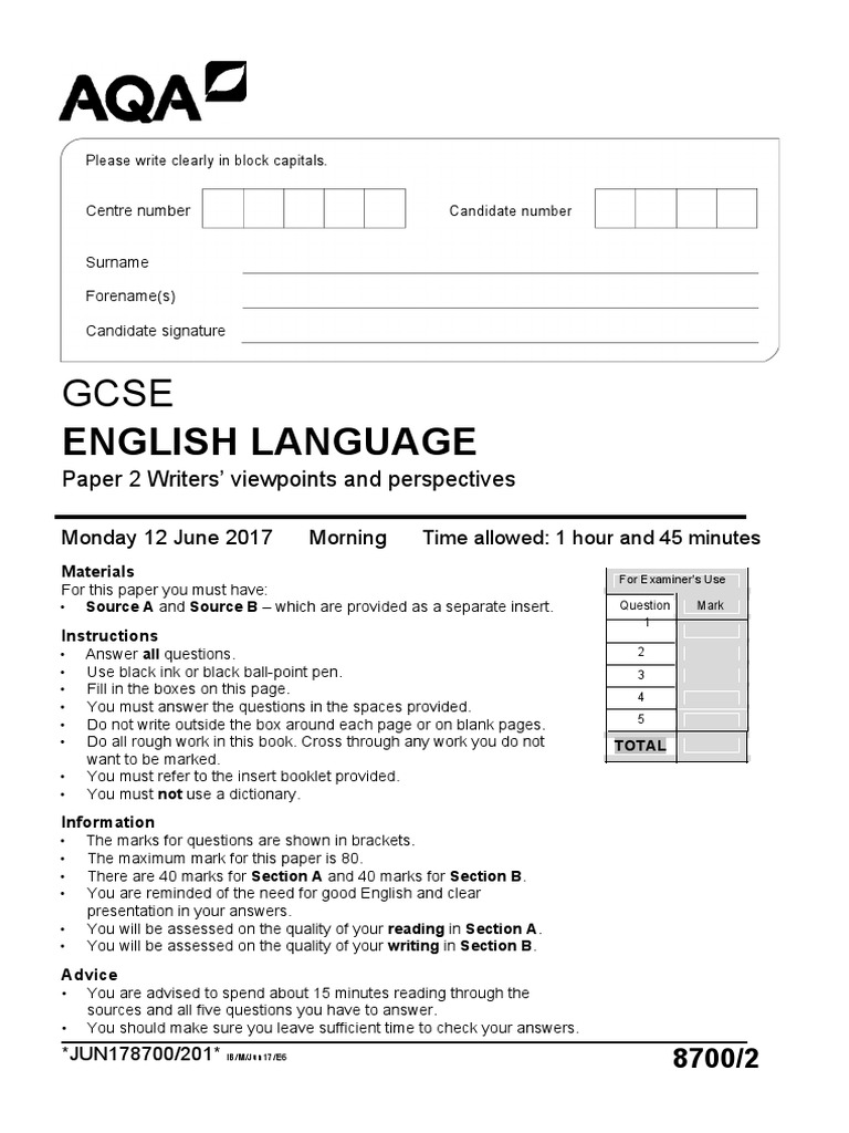 English Language: Paper 2 Writers' Viewpoints and Perspectives | PDF ...