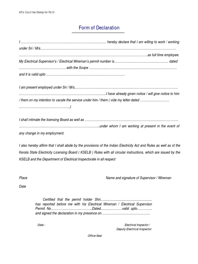 Declaration Form Wireman Supervisor | PDF