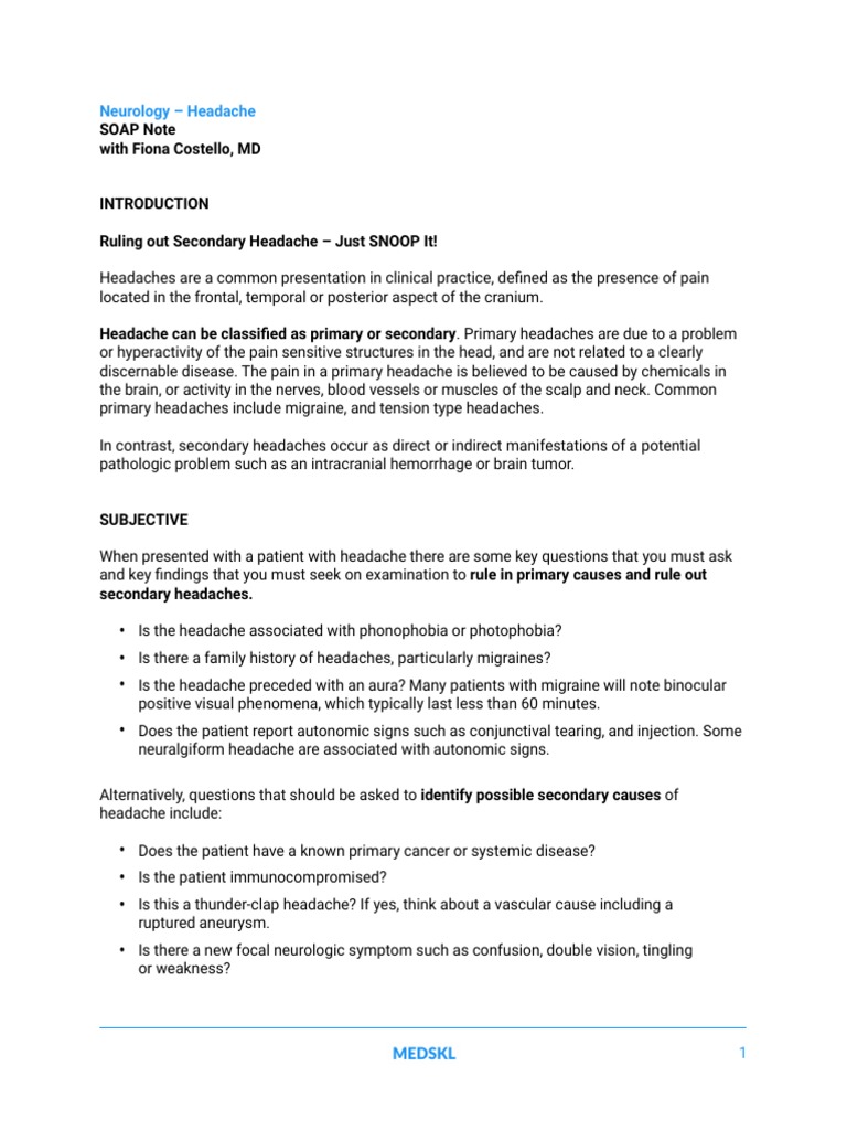 Neurology - Headache - SOAP Note - Fiona Costello | PDF | Headache ...