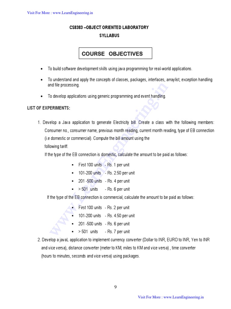 CS8383 - Object Oriented Programming Laboratory Manual - by LearnEngineering - in | PDF | Java ...