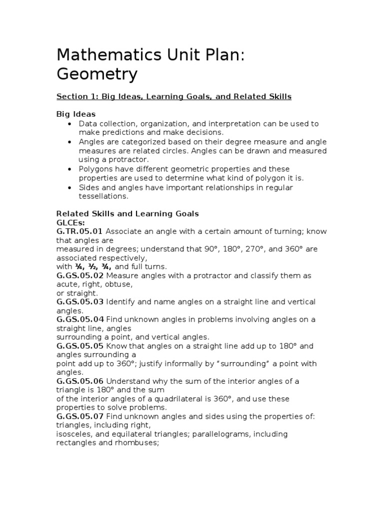 Geometry Unit Plan | PDF | Triangle | Angle