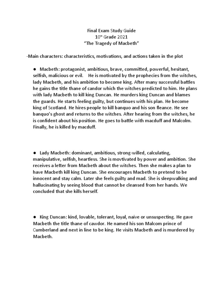 Final Exam Study Guide 10th 2021-1 | PDF | Macbeth | Shakespearean ...