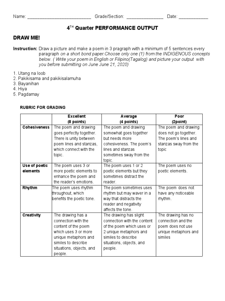 4th Quarter Performance taskDRAW ME | PDF | Poetry | Writing