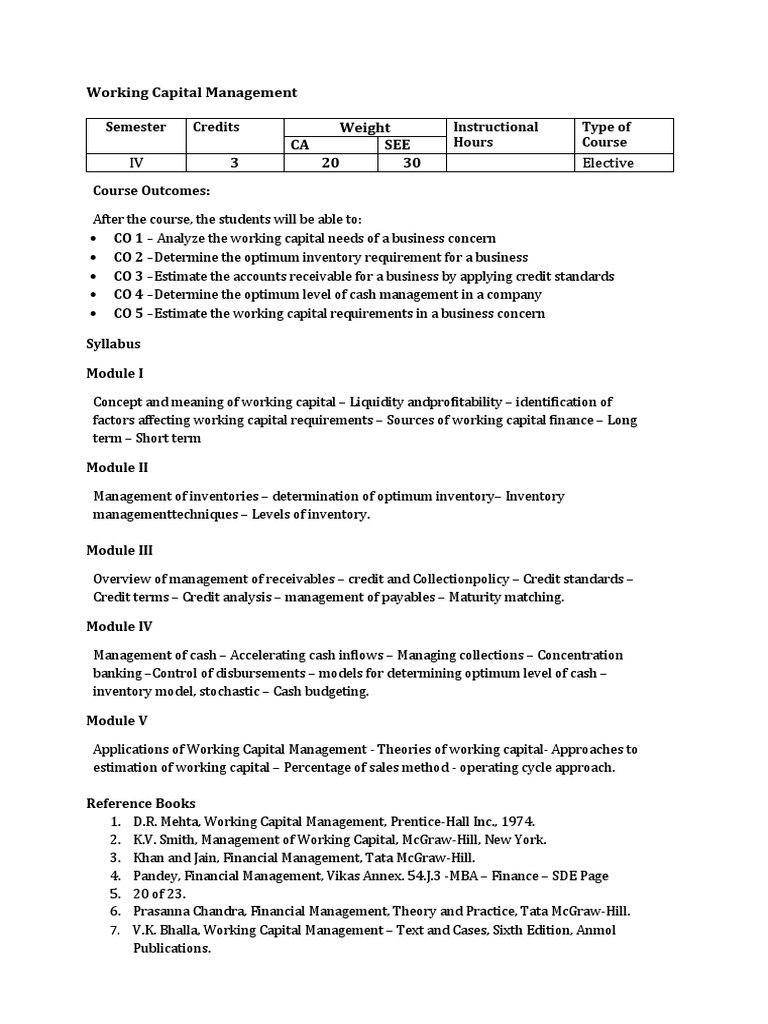 Working Capital Management Course | PDF | Finance & Money Management