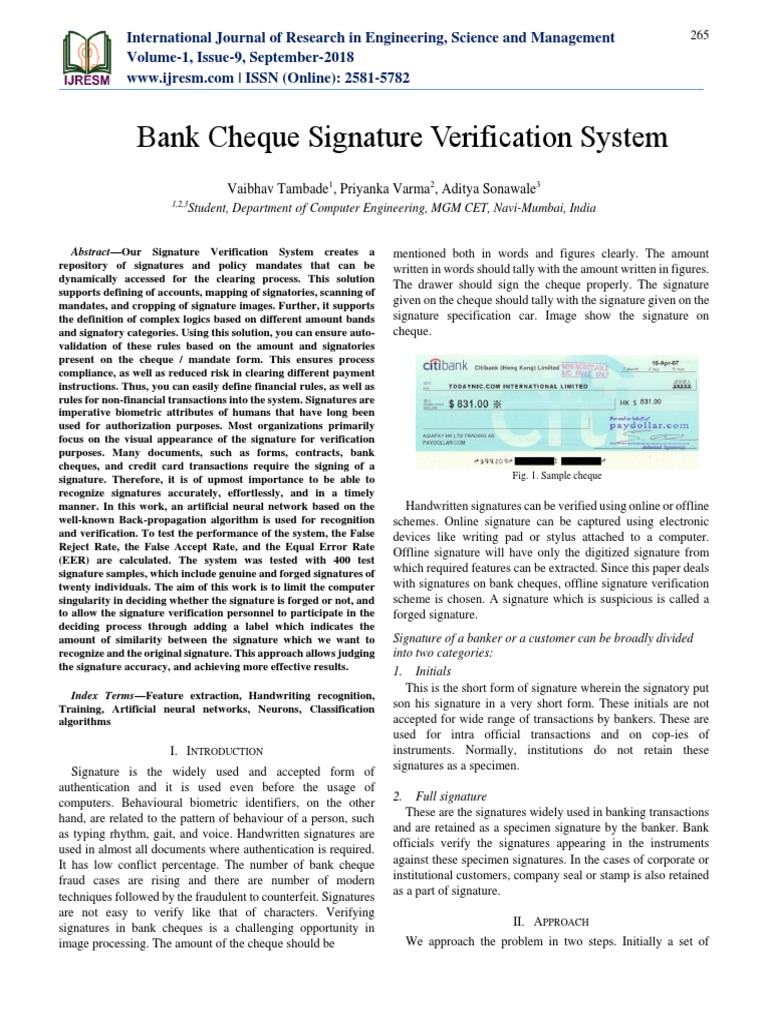 Bank Cheque Signature Verification System | Download Free PDF ...