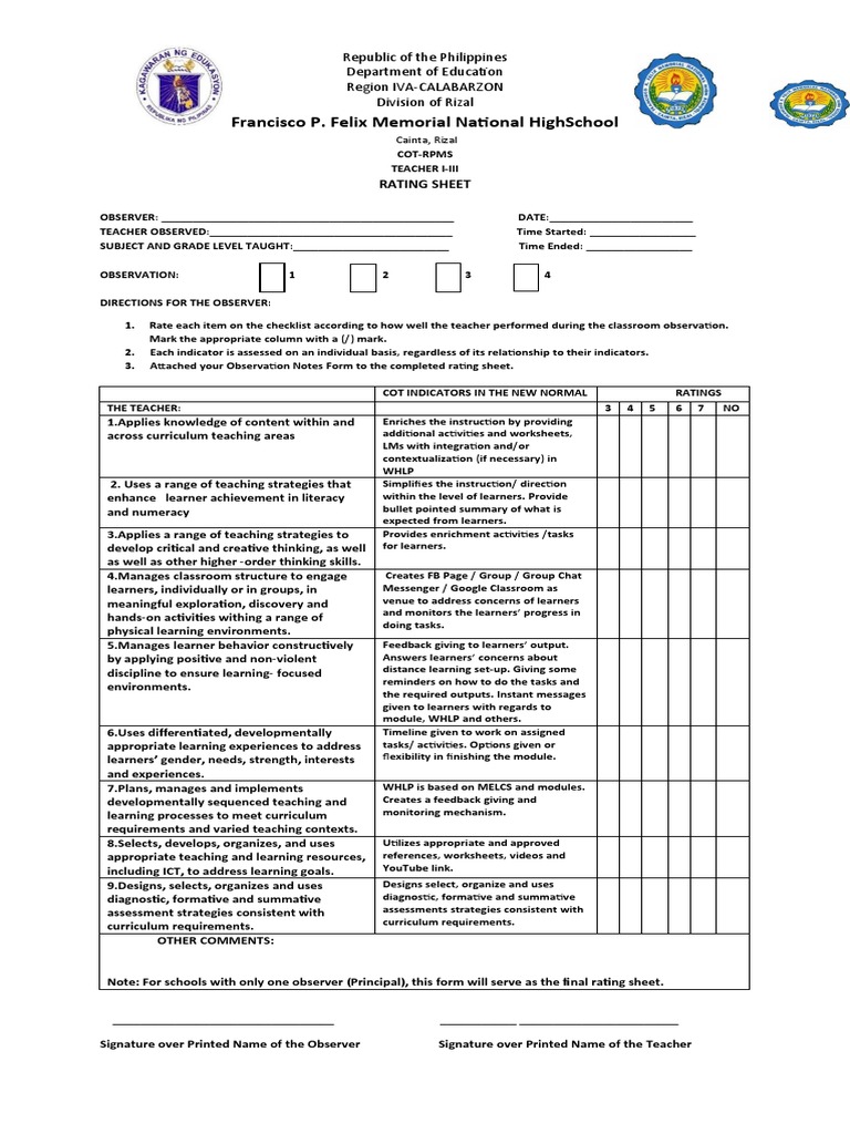 Cot Rating and Notes New Normal | PDF | Learning | Curriculum