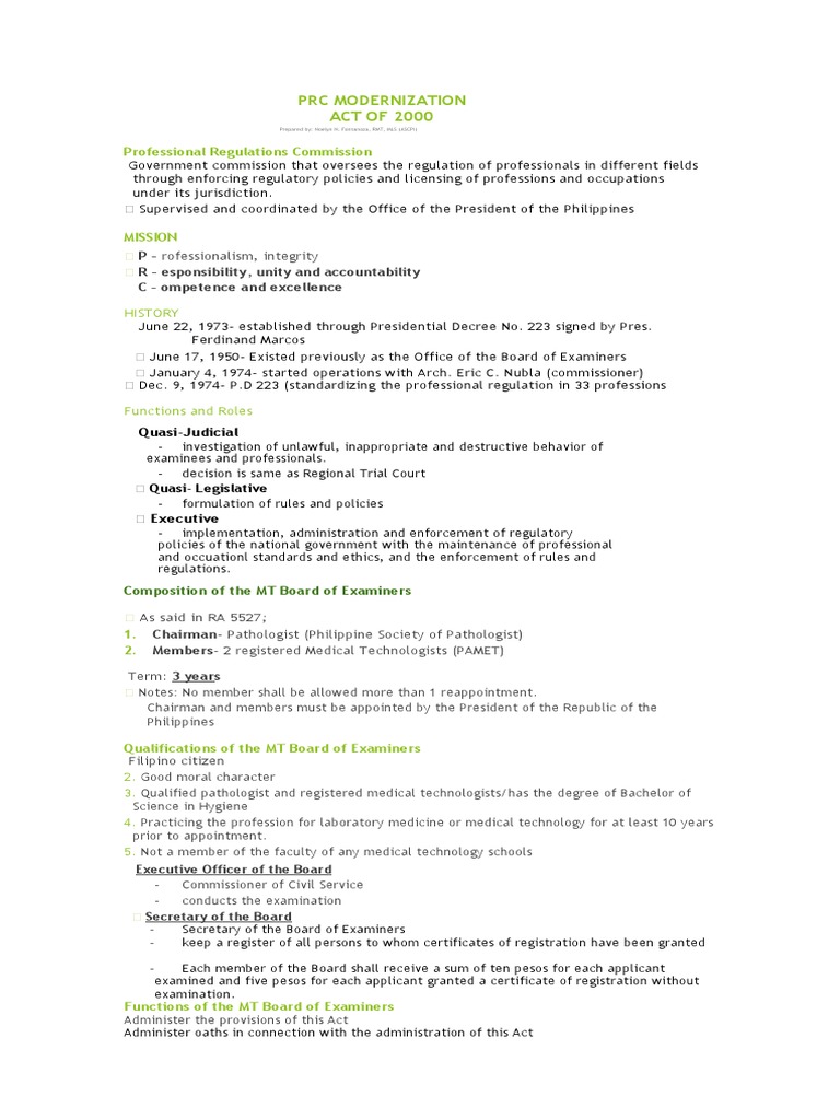 PRC Modernization ACT OF 2000: Professional Regulations Commission ...
