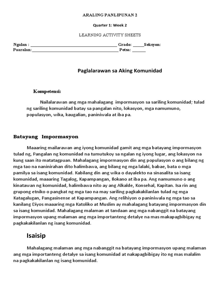 Las Araling Panlipunan Q1-W2 - Grade 2 | PDF