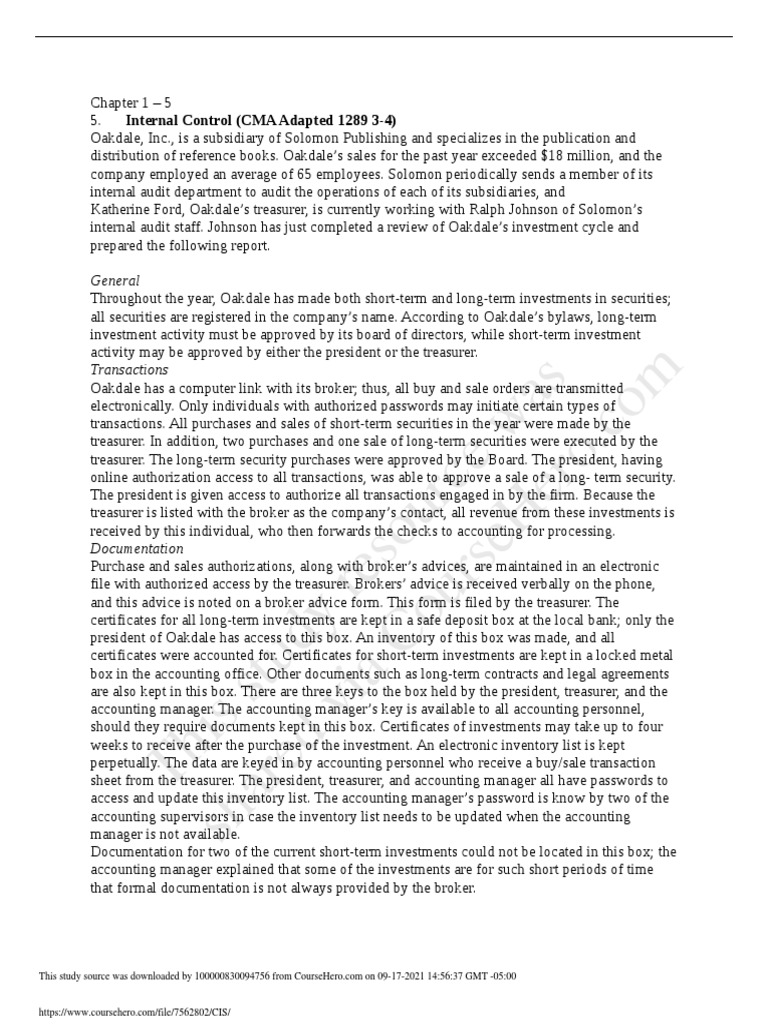 This Study Resource Was: Internal Control (CMA Adapted 1289 3-4) | PDF | Internal Control ...