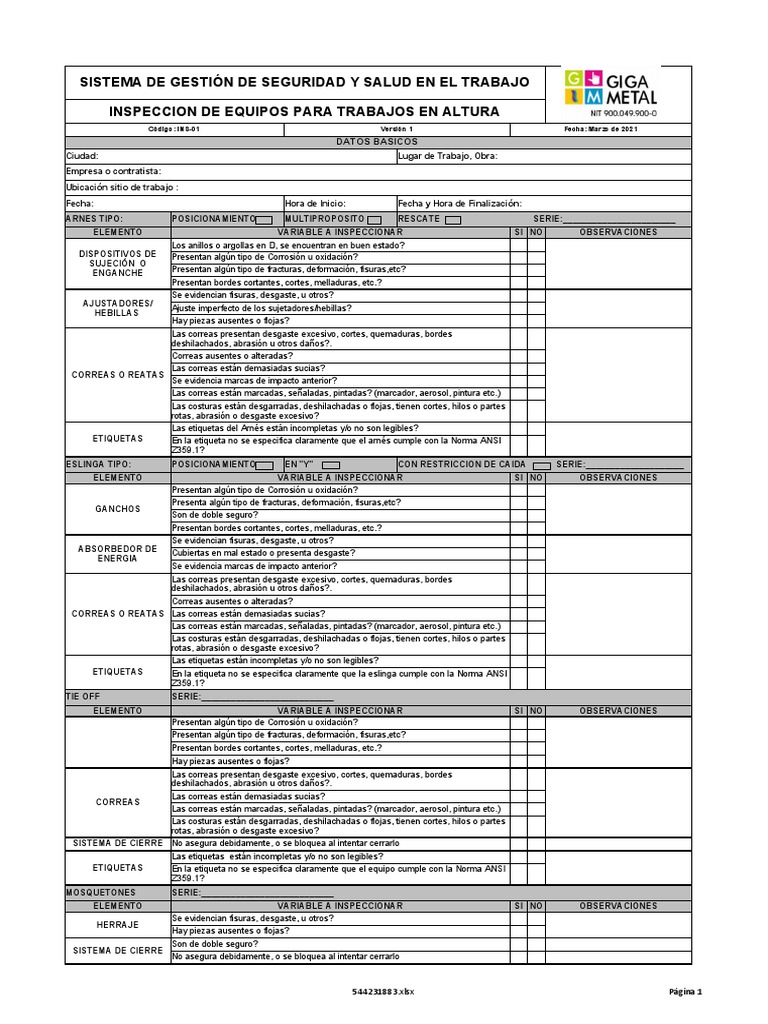 Formato de Inspeccion de Equipos para Trabajo en Altura | PDF