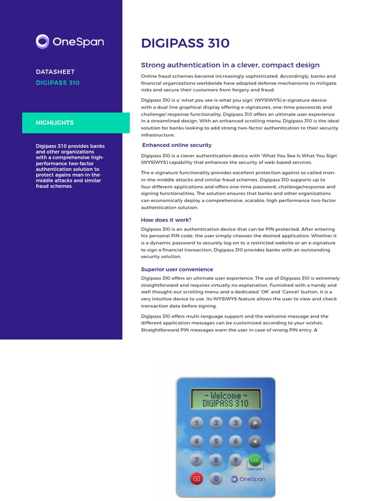 Digipass 310 Datasheet (Eng) | PDF | Authentication | Access Control