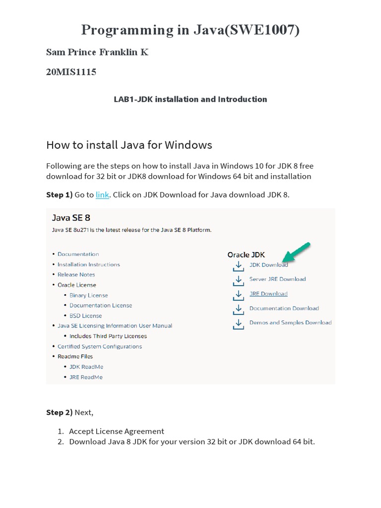 LAB1 - JDK Installation - Sam Prince Franklin K - 20MIS1115 | PDF | Java (Programming Language ...