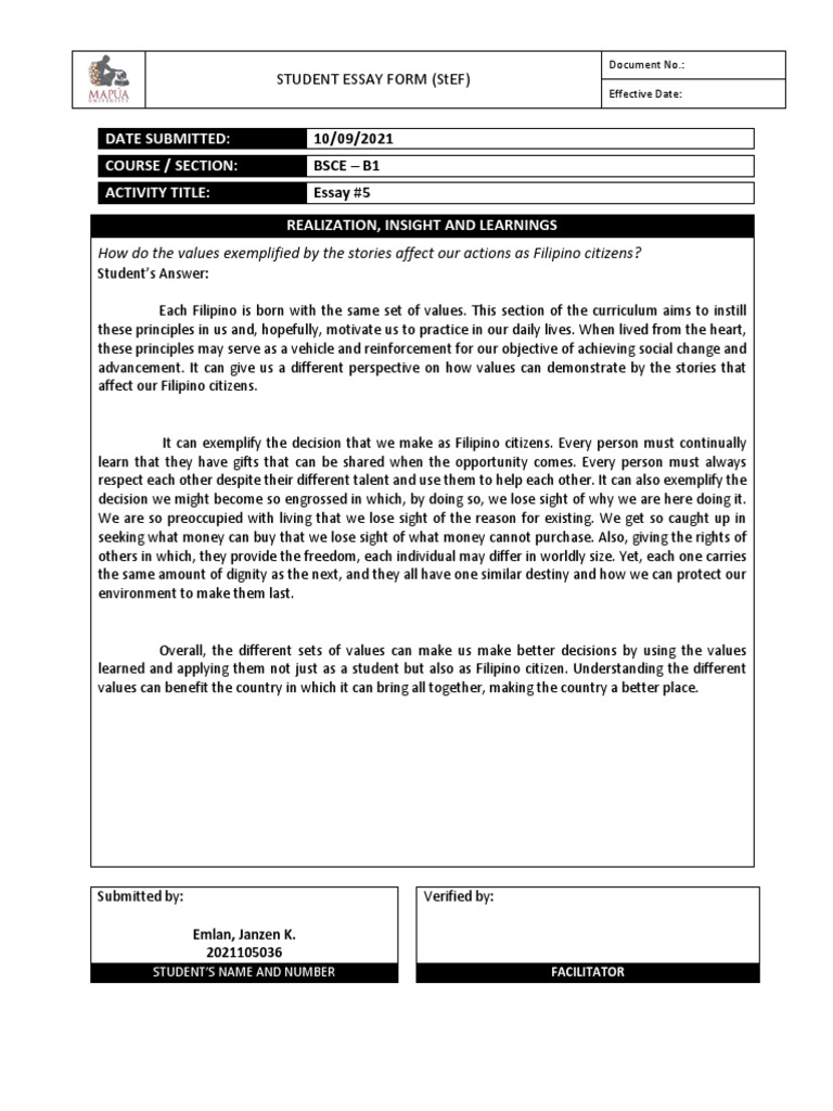 Date Submitted: Course / Section: Activity Title: Realization, Insight ...