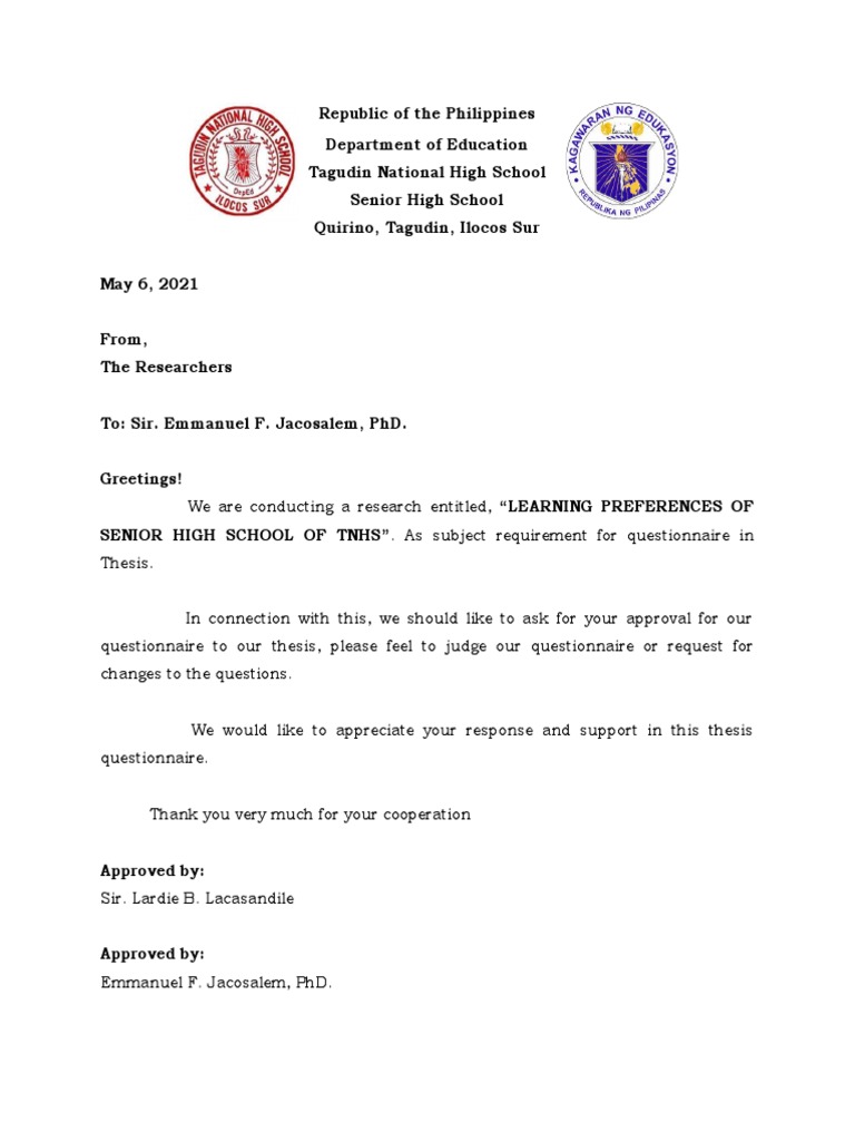 Letter To Validators .Letter To Respondents. Questionnaire. GROUP 6 12 ...