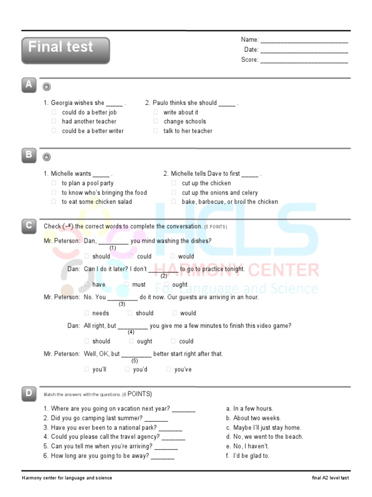 Final A2 Level Test | PDF