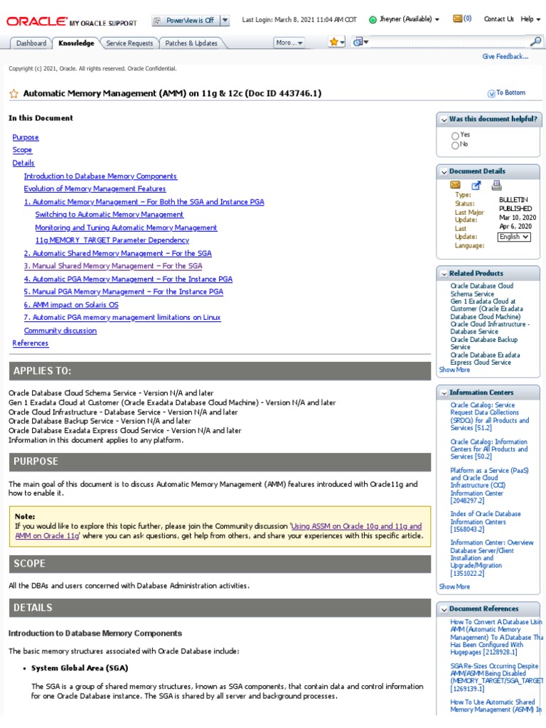 Automatic Memory Management (AMM) On 11g & 12c Document 443746.1 | PDF | Databases | Cache ...