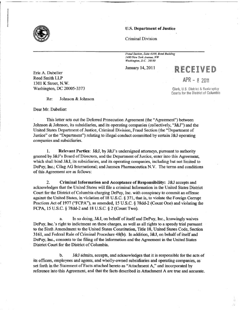 Johnson & Johnson Deferred Prosecution Agreement | PDF | Oil For Food ...