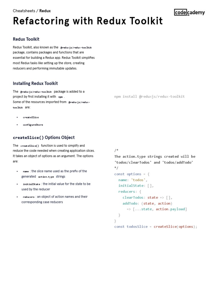 Redux - Refactoring With Redux Toolkit Cheatsheet - Codecademy | PDF ...