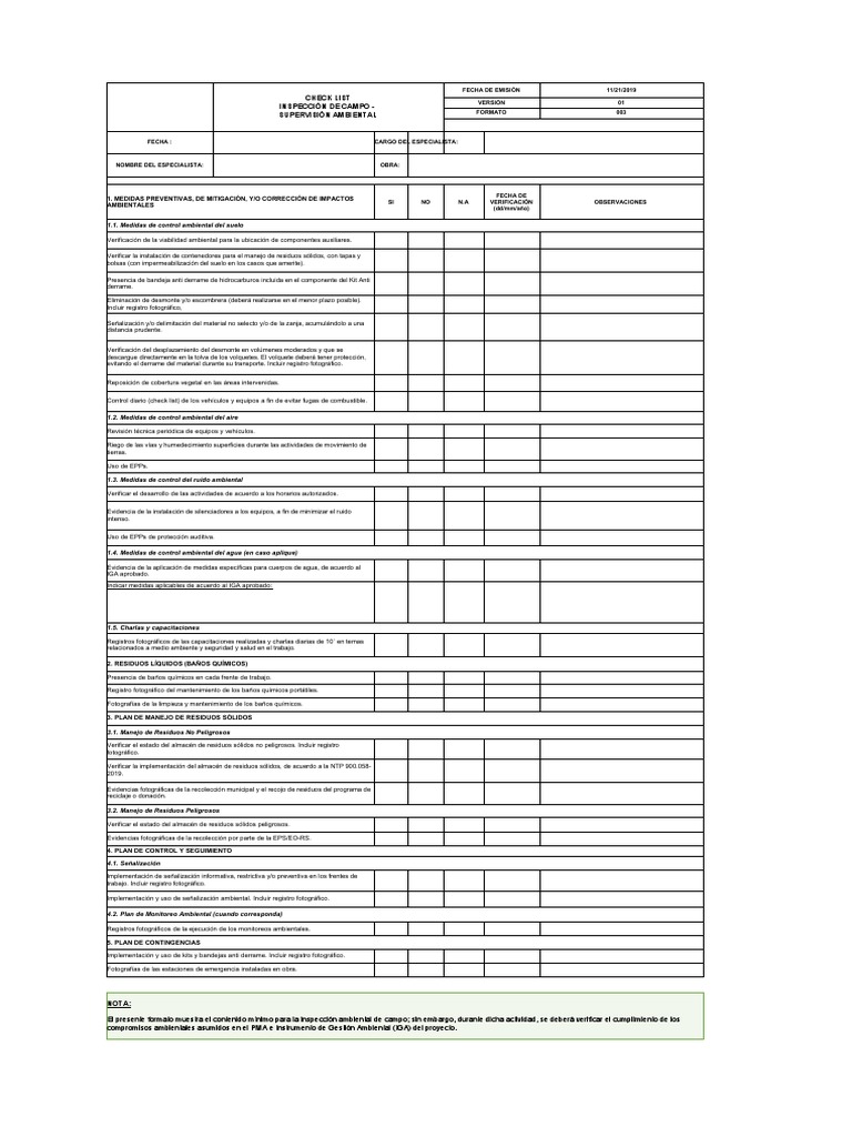 3 Checklist - Supervisión Ambiental | PDF | Residuos | Impacto humano ...