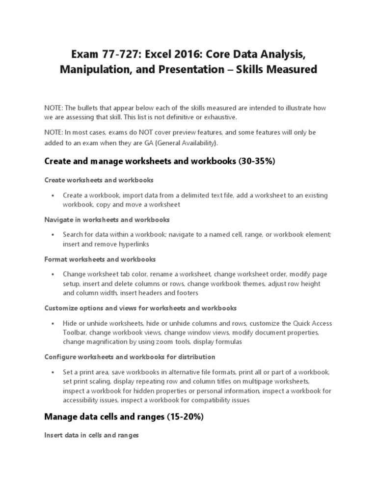 Exam 77 727 Excel 2016 Core Dat Analysis Manipulation And Presentation Skills Measured