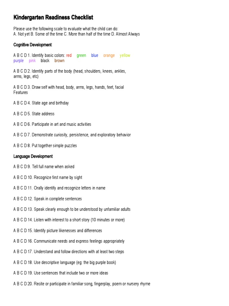 Kindergarten Readiness Checklist | PDF | Cognition | Neuropsychological ...