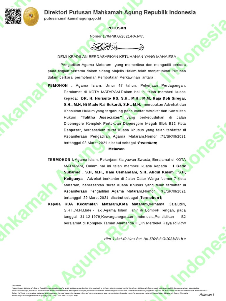 Putusan 170 PDT.G 2021 Pa - MTR 20210918 | PDF