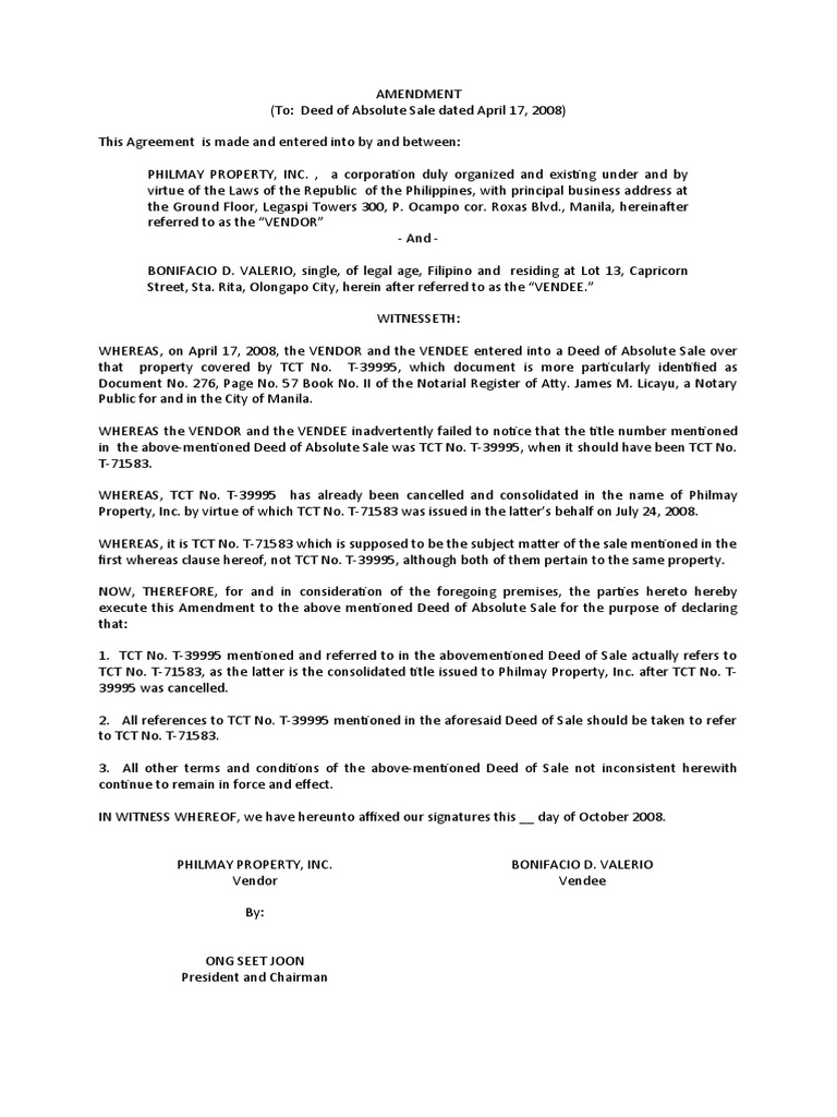 Amendment - Deed of Sale | PDF | Law And Economics | Government