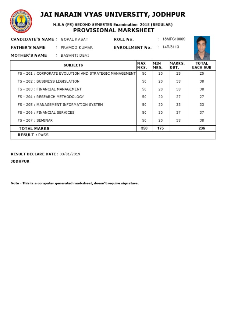 Jai Narain Vyas University, Jodhpur: Provisional Marksheet | PDF