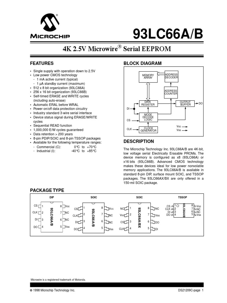93LC66A/B: 4K 2.5V Microwire Serial EEPROM | Download Free PDF | Input/Output | Cmos
