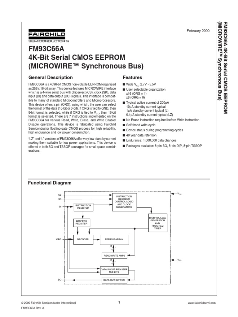 FM93C66A 4K-Bit Serial CMOS EEPROM (MICROWIRE™ Synchronous Bus) | PDF | Input/Output | Computer ...