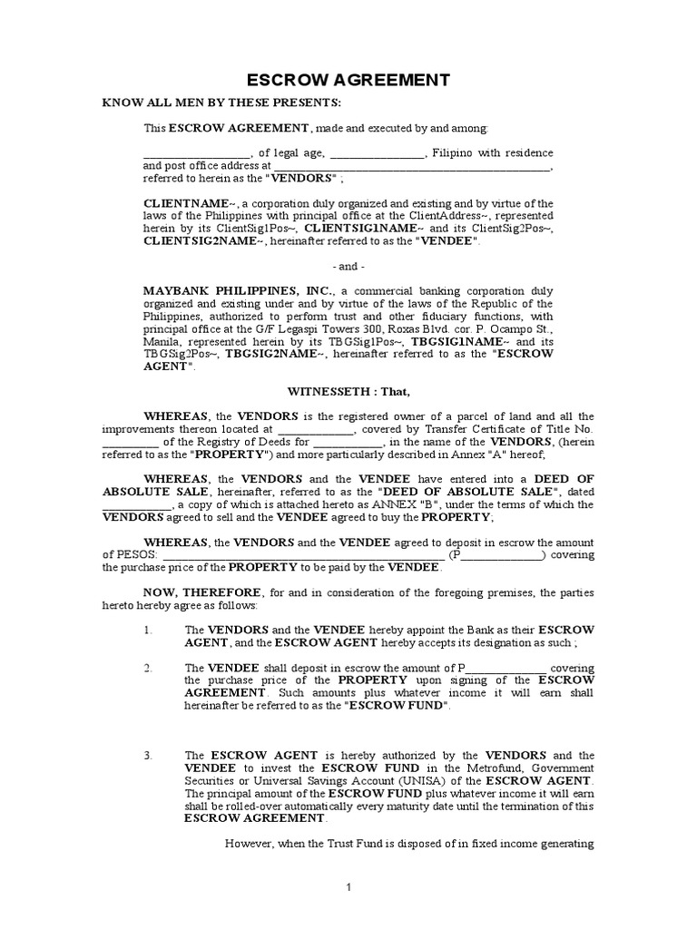 Real Estate Escrow Agreement | PDF | Legal Liability | Payments
