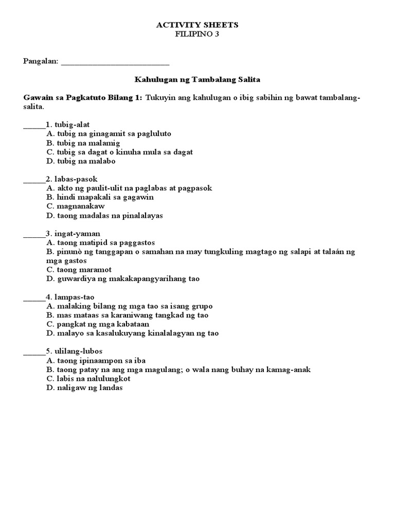 FILIPINO 3 Activity Sheet Q3 W1 | PDF