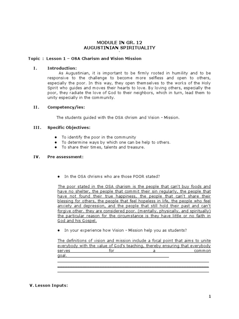 Topic: Lesson 1 - OSA Charism and Vision Mission I.: Module in Gr. 12 ...