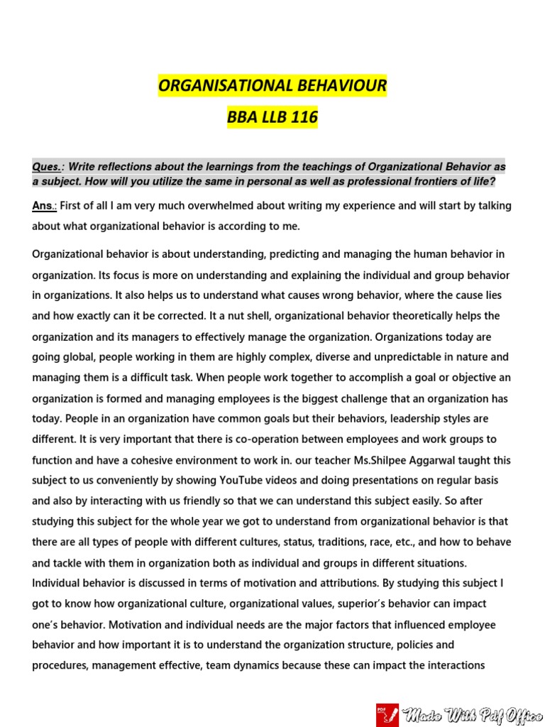 Organizational Behavior BBA 116 | PDF | Organizational Behavior | Behavior