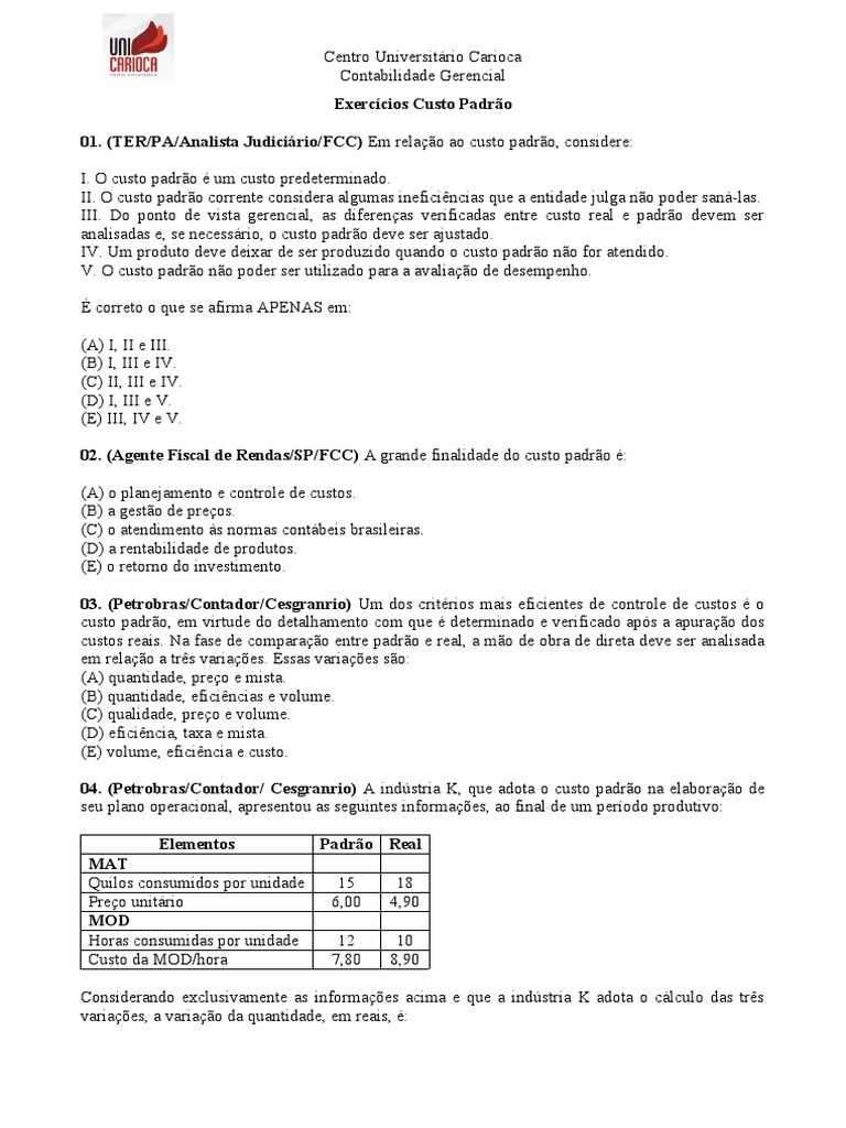 5 - Exercicios Custo Padrao | PDF | Despesa | Contabilidade