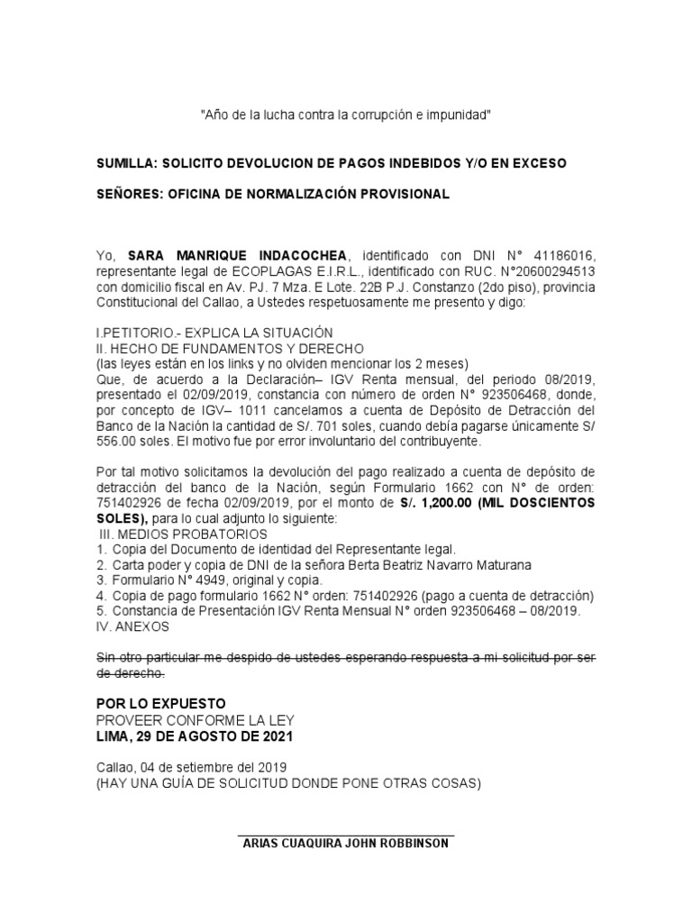 Solicitud de Devolucion Sunat Pago Exceso o Indebido | PDF