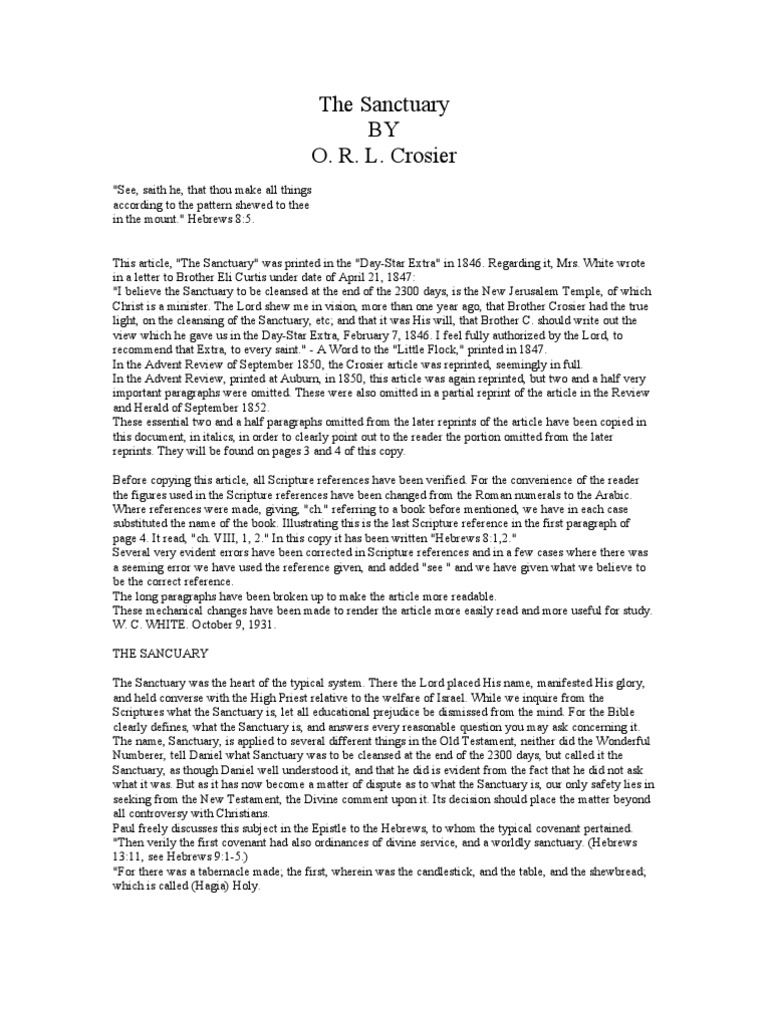 The Sanctuary BY O. R. L. Crosier | PDF | Tabernacle | Book Of Leviticus
