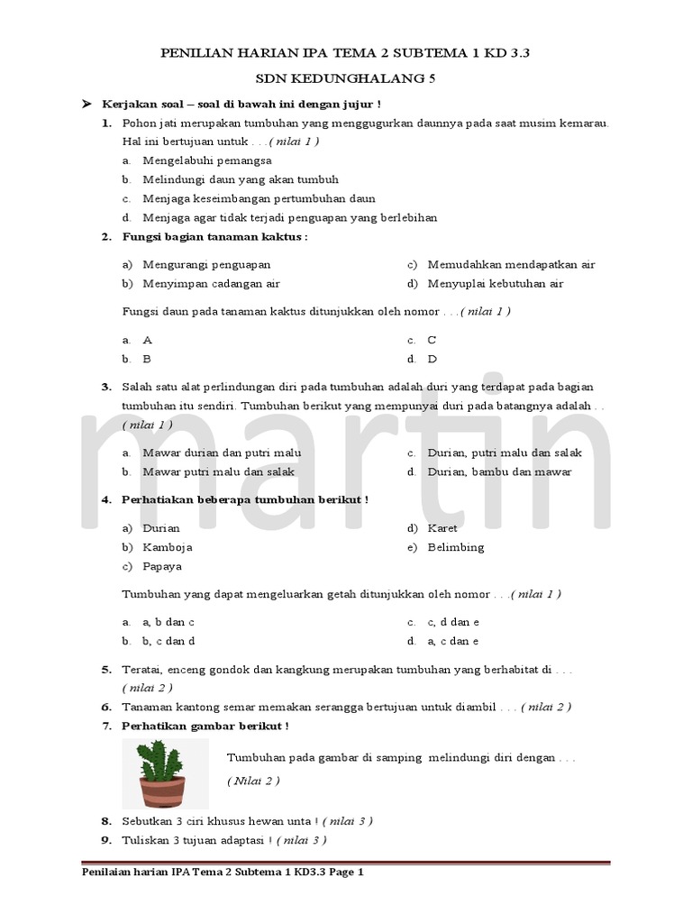 Penilian Harian Ipa Tema 2 Subtema 1 KD 3 | PDF