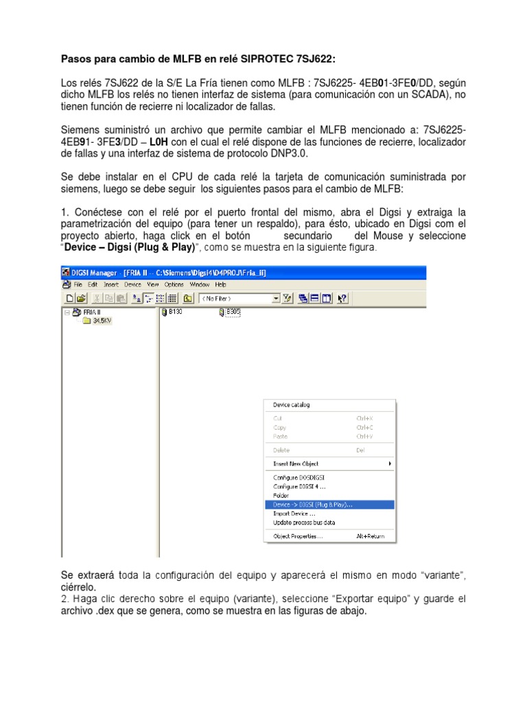 Pasos para Cambio de MLFB en Relé SIPROTEC 7SJ622 | PDF | Relé ...