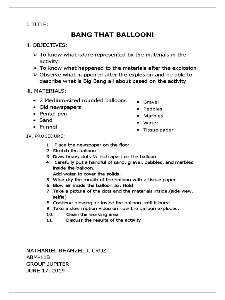 Big Bang Balloon Experiment Guide | PDF