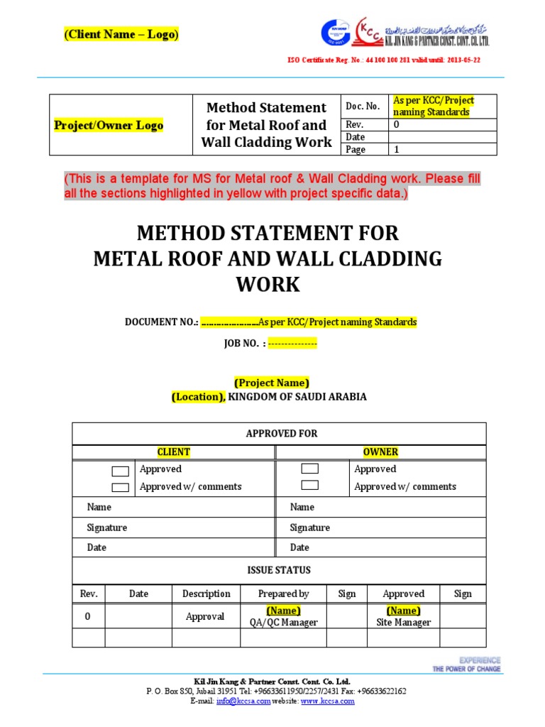 Method Statement For Metal Roof and Wall Cladding Work | PDF | Roof ...
