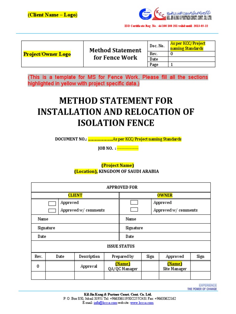 Method Statement For Installation and Relocation of Isolation Fence | PDF
