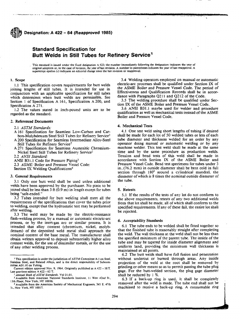 ASTM A 422 64 R85 Butt Welds in Still Tubes For Refinery Service | PDF