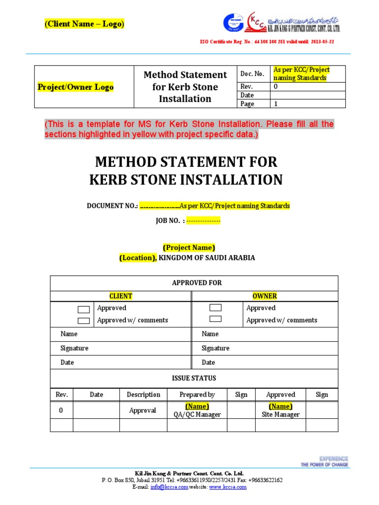 MOS Template - Kerb Stone Installation | PDF | Concrete | Cement
