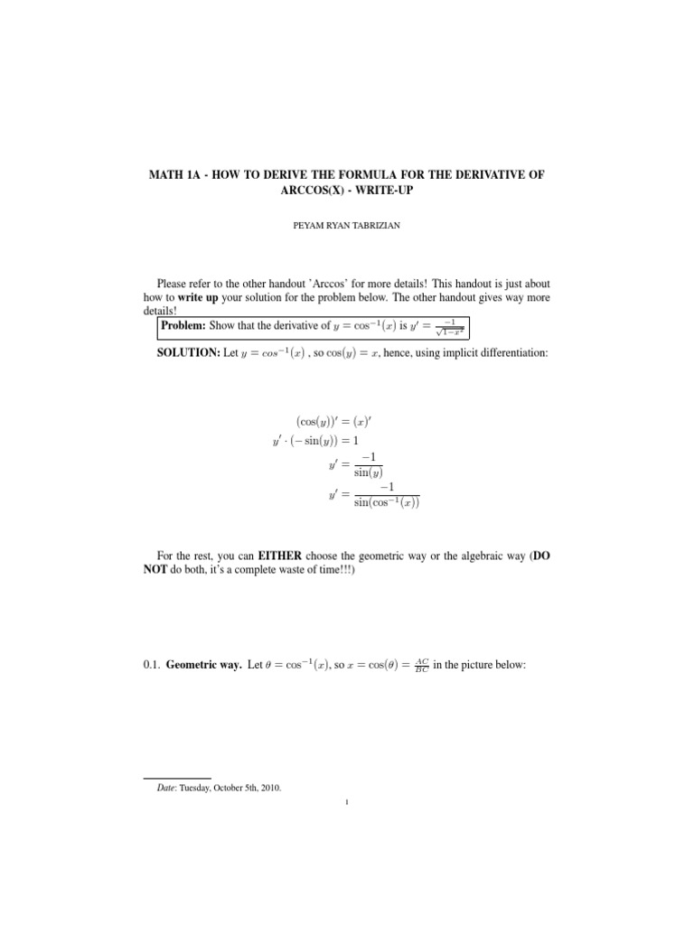 Derivative of Arccos(x) Formula | PDF | Trigonometric Functions ...