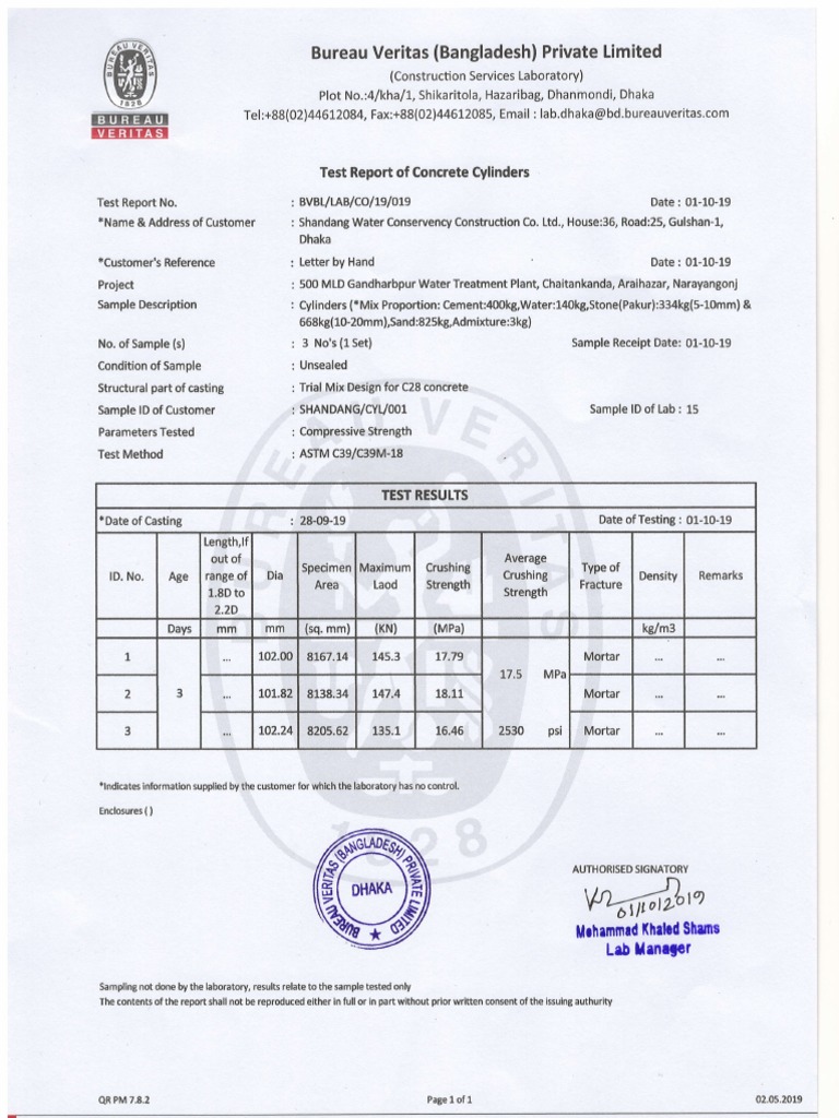 3 Days Cylinder Test (1!10!2019) | PDF | Concrete | Mortar (Masonry)