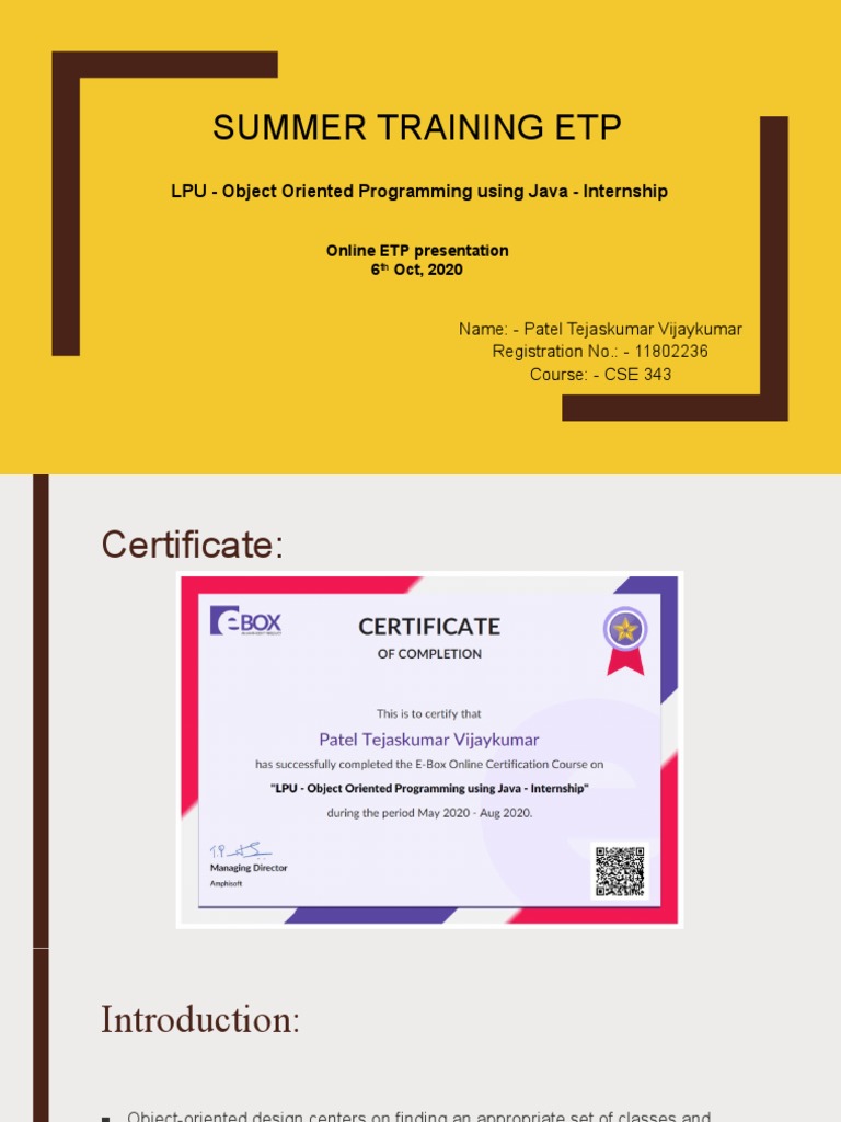 Summer Training Etp: LPU - Object Oriented Programming Using Java - Internship | PDF | Java ...