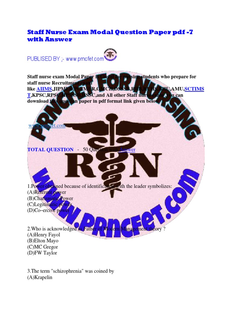 Staff Nurse Exam Model Question Paper PDF | PDF | Intravenous Therapy ...